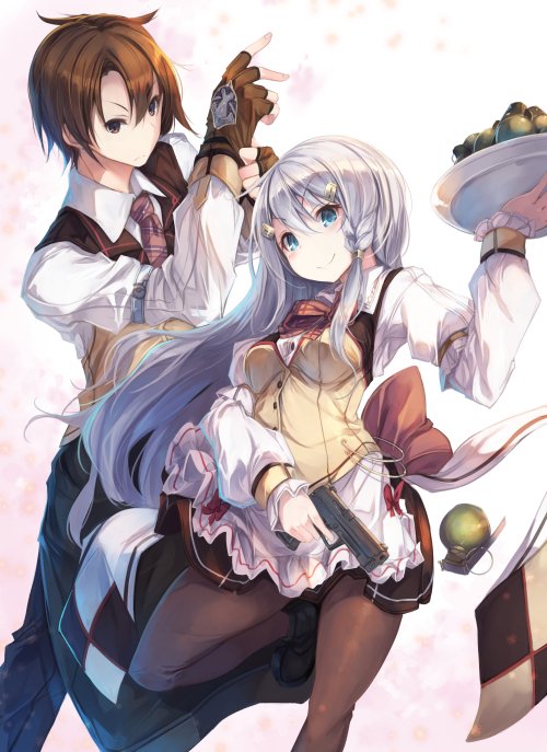 Safebooru - 1boy 1girl adjusting clothes adjusting gloves armband bowtie carrying explosive fal ...