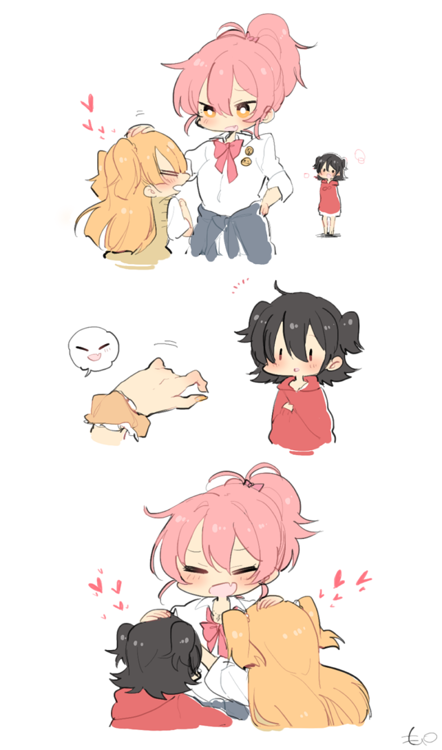 Safebooru - 3girls akagi miria black hair blonde hair blush bow bracelet cardigan closed eyes ...