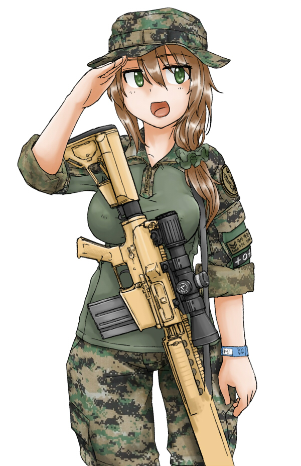 Safebooru - 1girl boonie hat brown hair camouflage dutchko green eyes ...