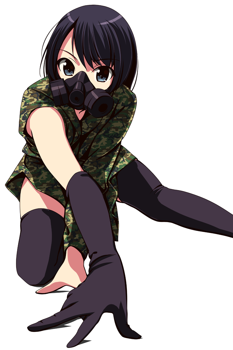 Safebooru - 1girl all fours bangs black gloves black hair black legwear camouflage gas mask ...