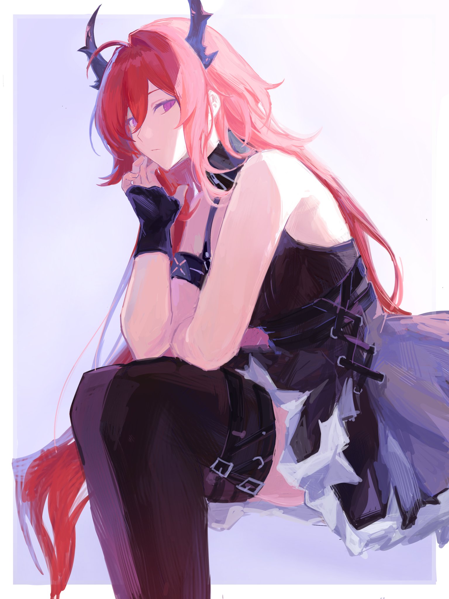 Safebooru - 1girl arknights backlighting belt black dress black thighhighs border commentary ...