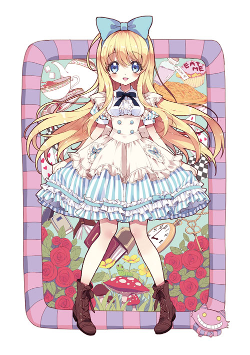 Safebooru - 1girl alice (wonderland) alice in wonderland apron blonde hair blue eyes book boots ...