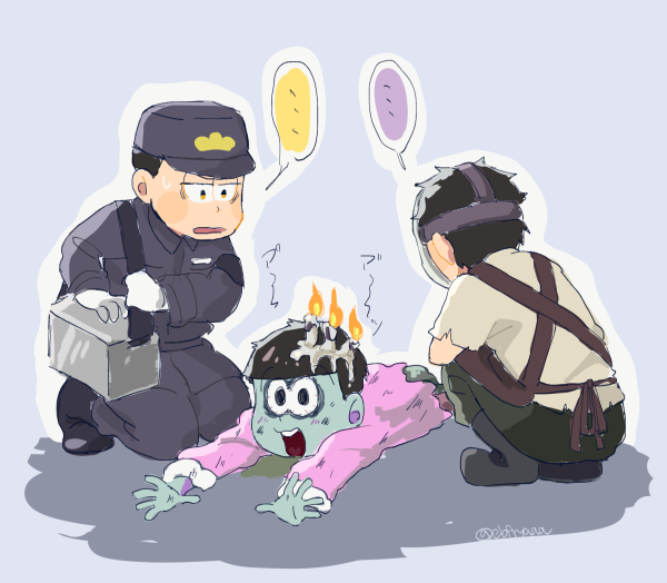 Safebooru - ... 3boys alternate costume apron black hair brothers ...