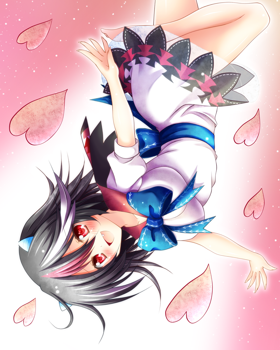Safebooru - 1girl arrow bangs barefoot black hair blue background blue bow blush bow cowboy shot ...