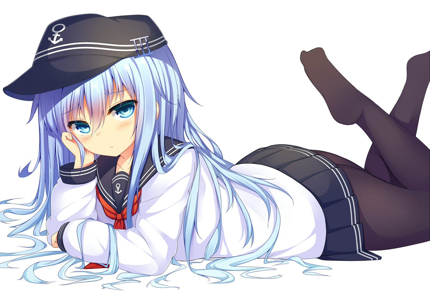 Safebooru - 1girl anchor symbol black legwear blue eyes blush flat cap hat head on hand hibiki ...
