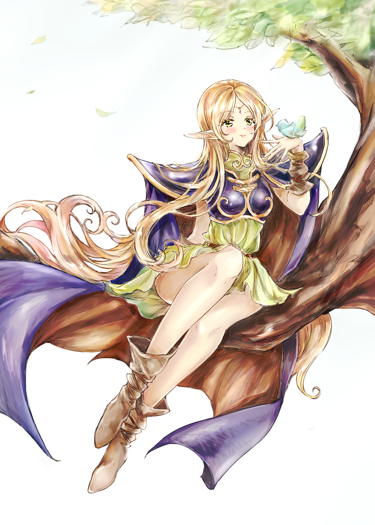 Safebooru - 1girl armor bare legs belt bird bird on hand blonde hair blush boots branch brown ...