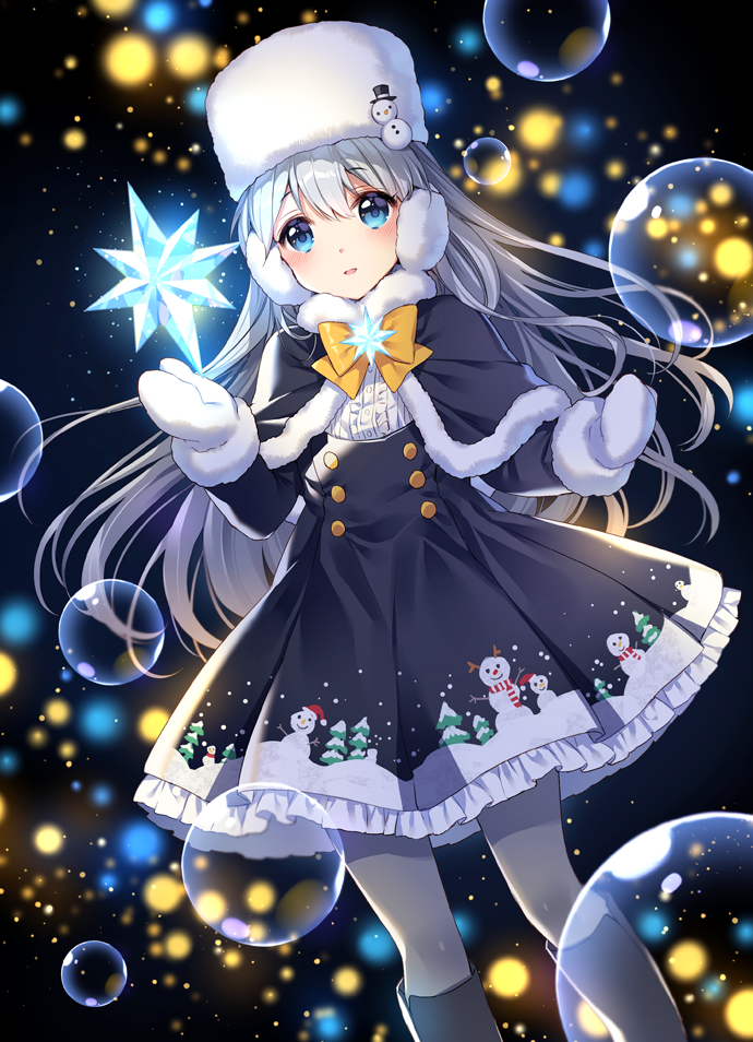Safebooru - 1girl blue eyes blurry blush bokeh boots bow bubble capelet center frills crystal ...