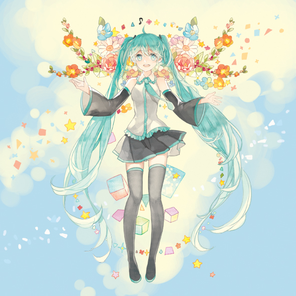 Safebooru - 1girl absurdly long hair aqua eyes aqua hair boots detached sleeves flower full body ...