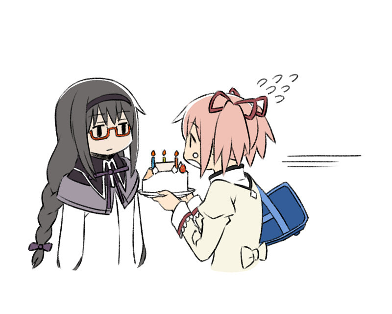Safebooru - 2girls akemi homura cake expressionless food food on face glasses kaname madoka ...
