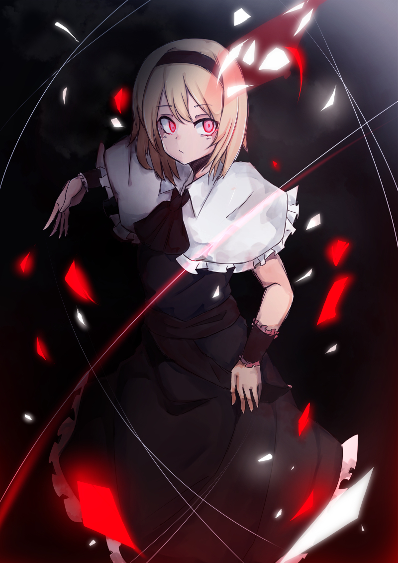 Safebooru - 1girl alice margatroid alternate eye color ascot blonde hair blue dress capelet dark ...