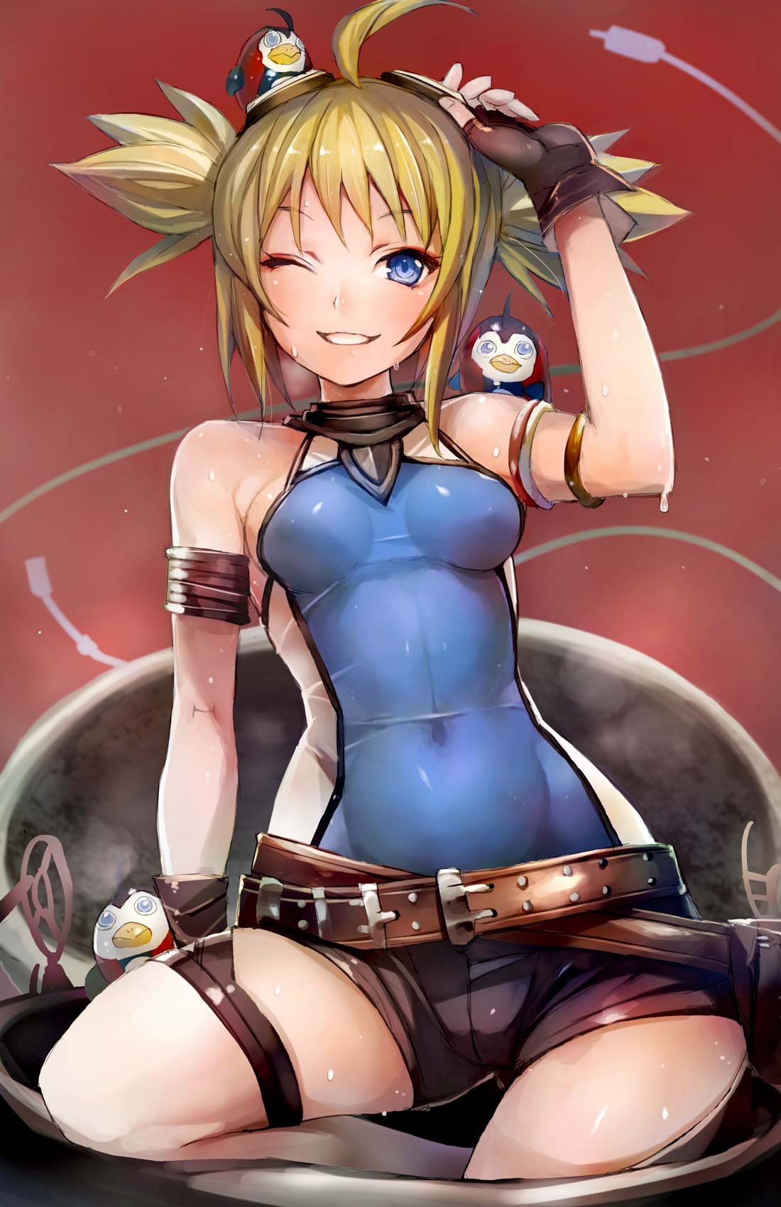 Safebooru - 1girl ahoge bare shoulders belt beltskirt bird black gloves blonde hair blue eyes ...