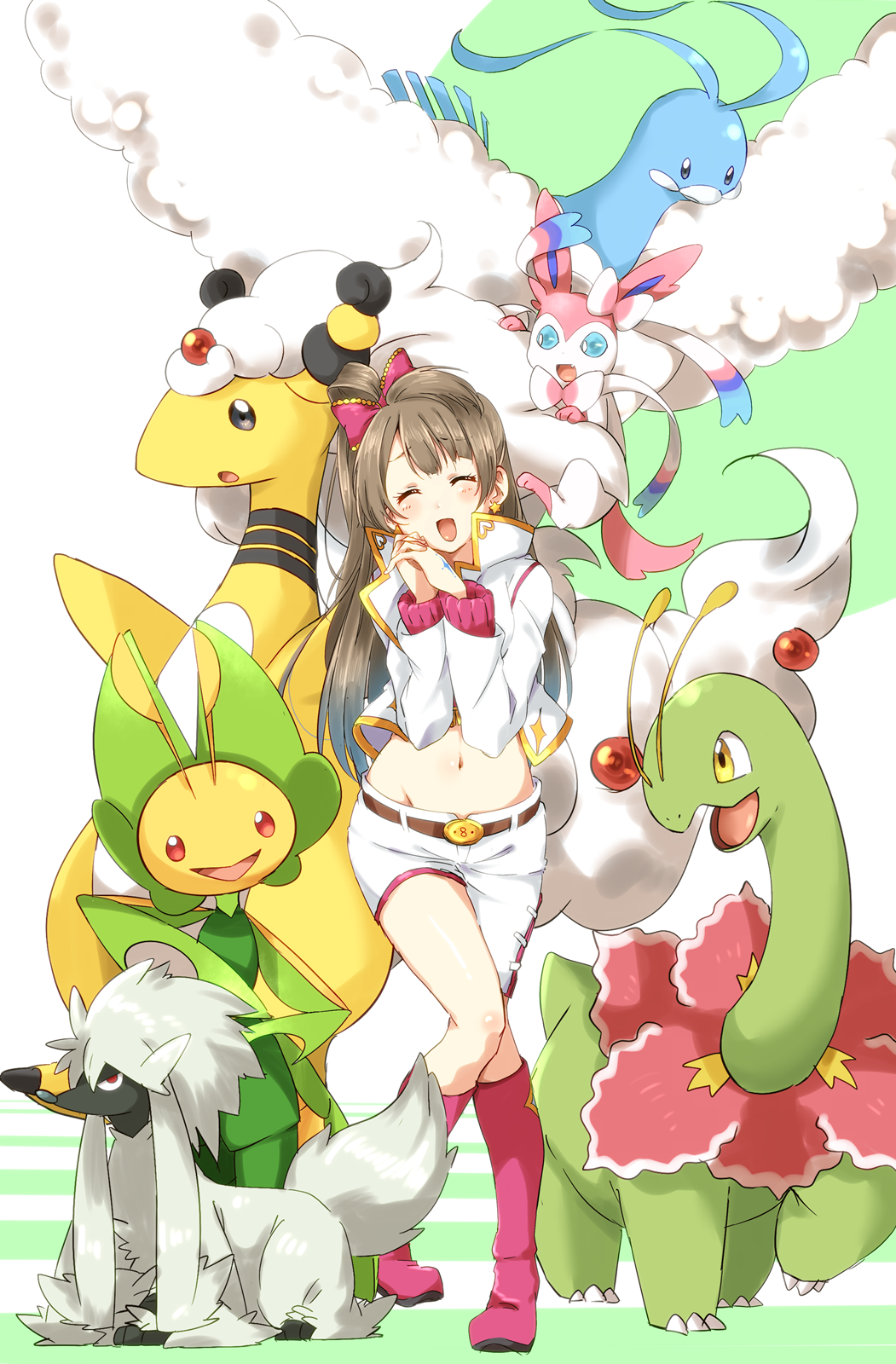 Safebooru - 1girl altaria ampharos bow brown hair closed eyes crossover furfrou highres ksk ...