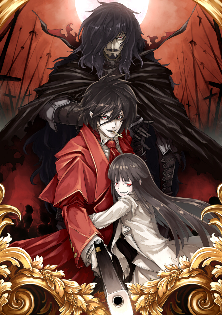 Safebooru - 1boy 1girl akihira fujinohara alucard (hellsing) beard black hair cape cross dual ...