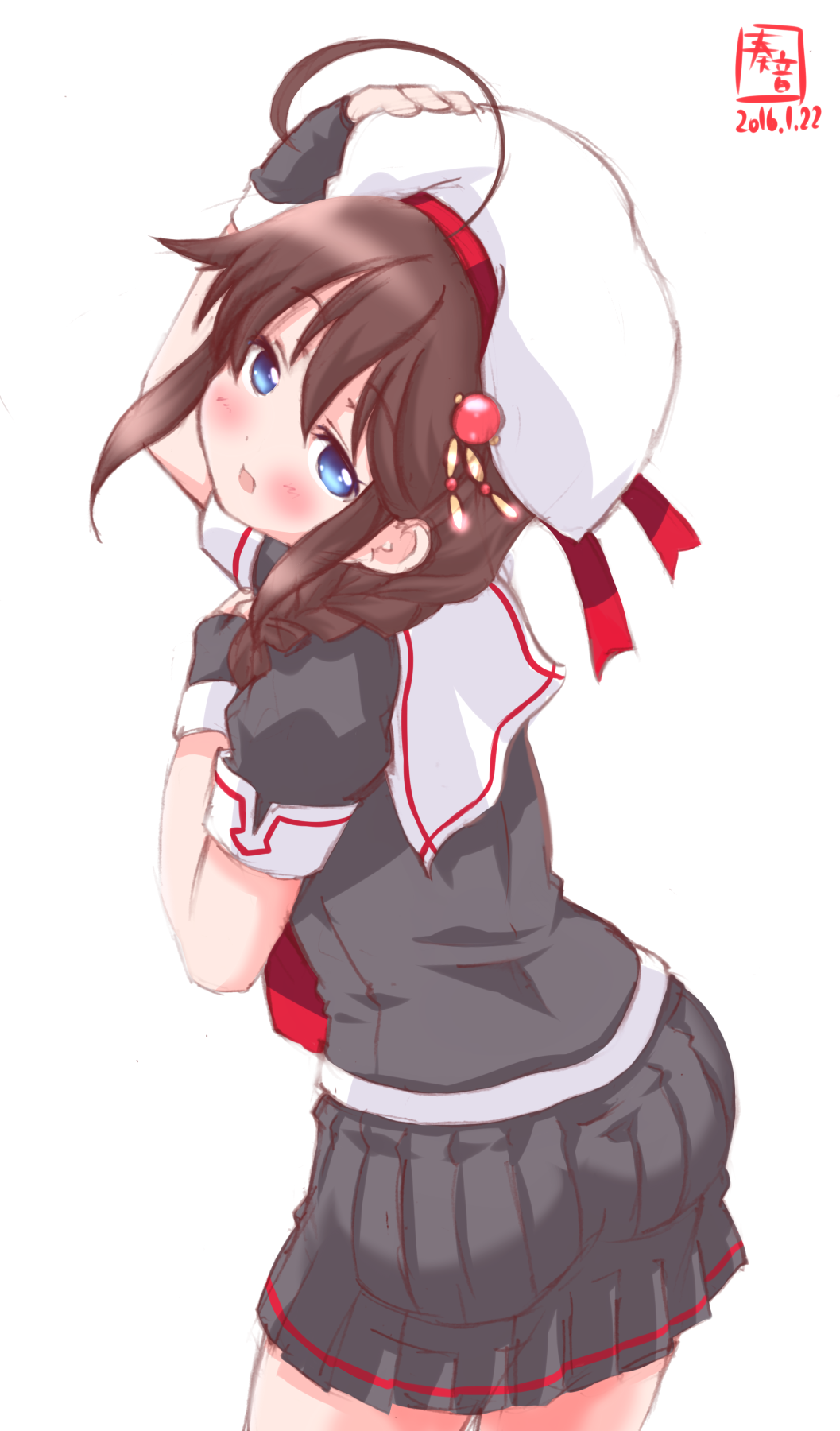 Safebooru - 1girl ahoge arm up back black gloves black serafuku black skirt blue eyes blush ...