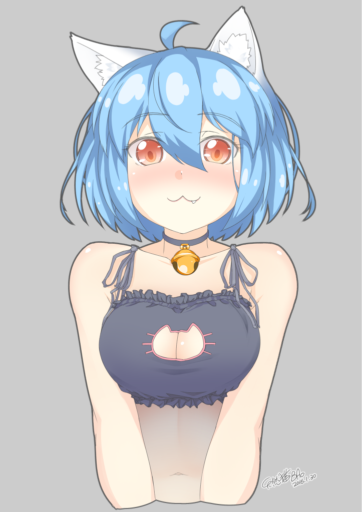 Safebooru - 1girl :3 ahoge animal ears bell bell choker blue hair blush breasts cat cutout cat ...