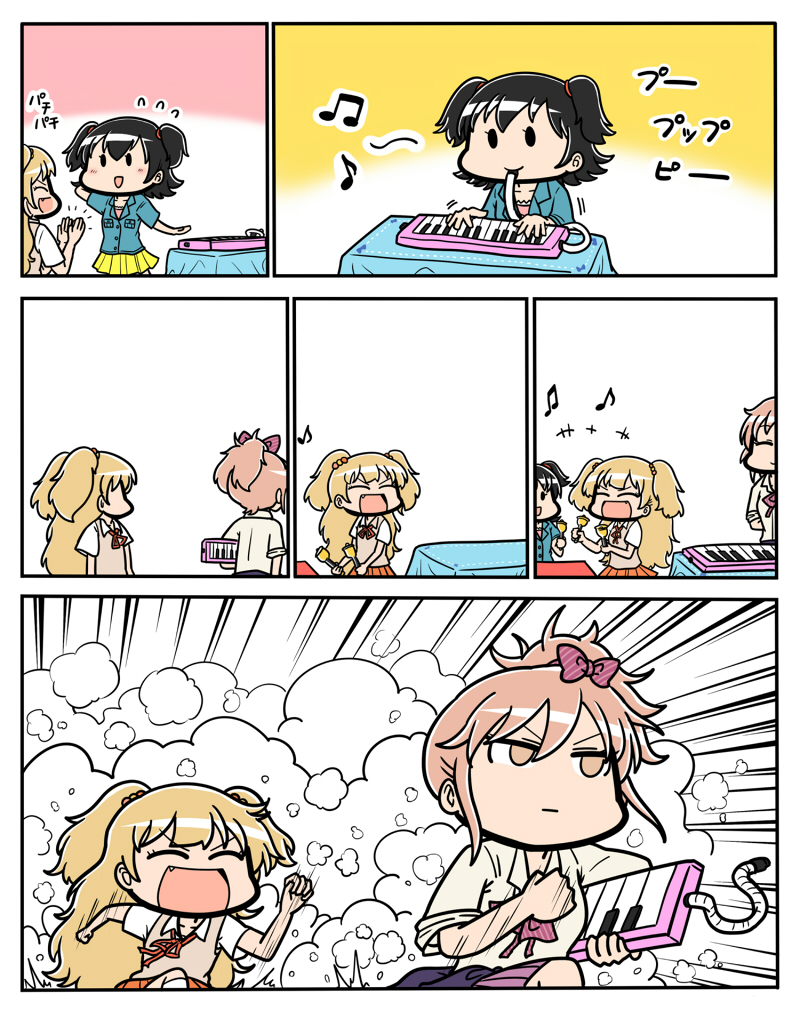 Safebooru - 3girls ^ ^ ^o^ akagi miria bell black hair blonde hair blush bow closed eyes comic ...