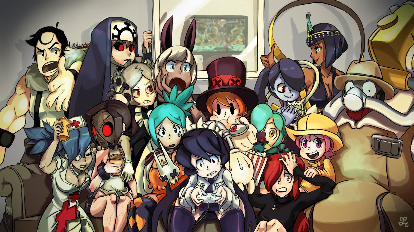 Safebooru 2boys 6girls Android Beowulf Skullgirls Big Band Black 4311