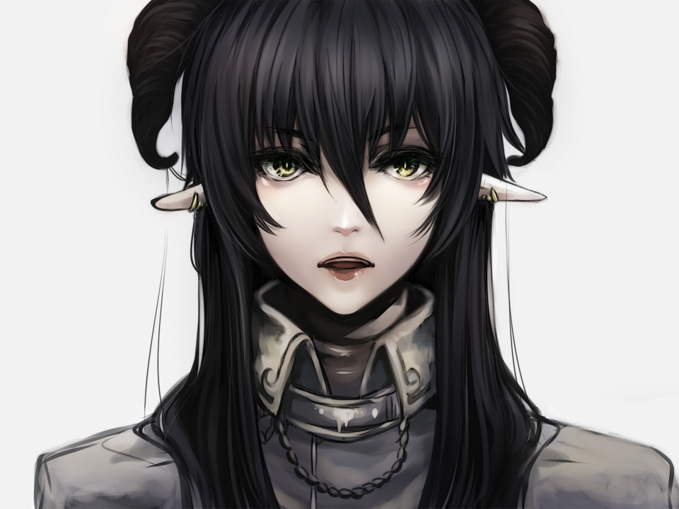 Safebooru - 1girl black hair demon horns earrings hair horns jewelry ...