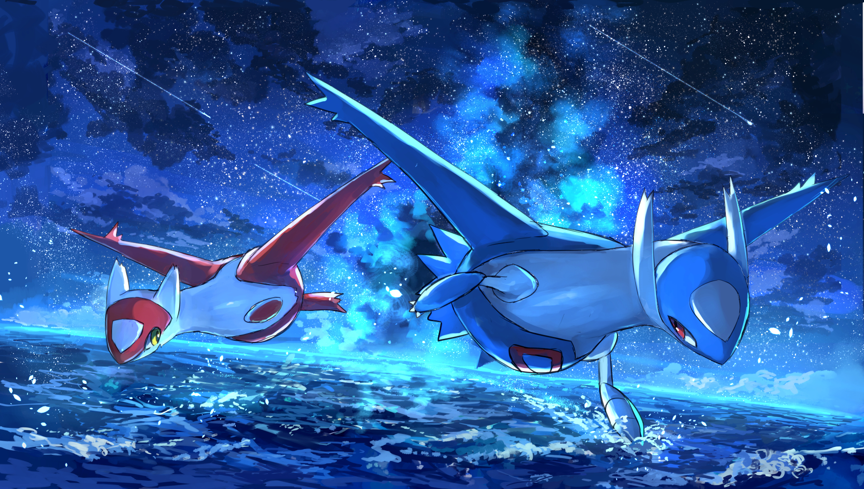 Safebooru - flying highres latias latios night night sky no humans ...