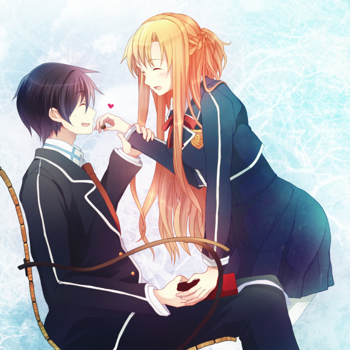 Safebooru - 1boy 1girl asuna (sao) bench black hair brown hair chocolate closed eyes couple ...