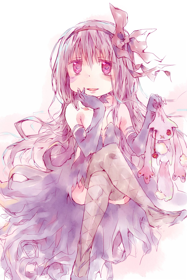 Safebooru - 1girl akuma homura argyle argyle legwear bare shoulders black dress black gloves ...