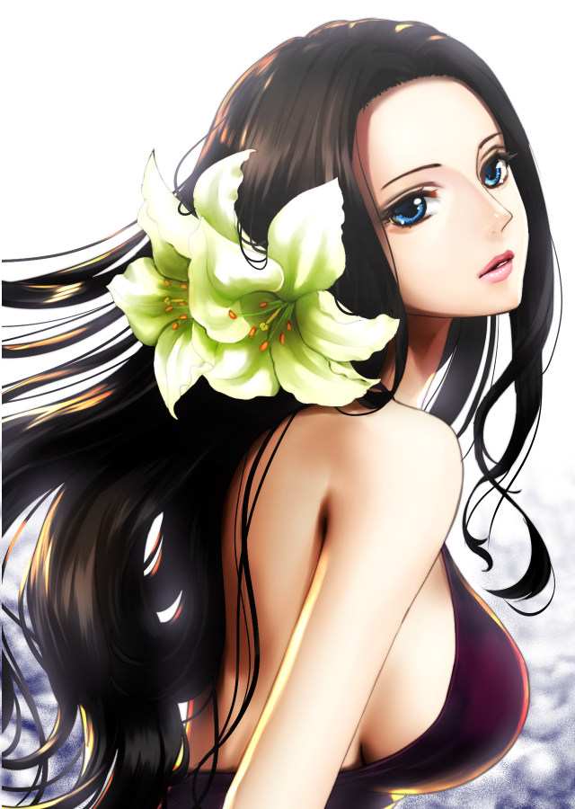 Safebooru - 1girl backlighting bare shoulders black hair blue eyes breasts dress flower hair ...