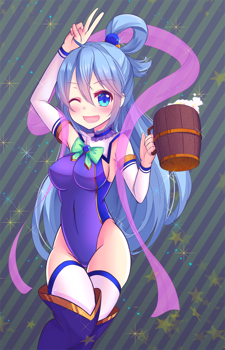 Safebooru - 1girl aqua (konosuba) blue eyes blue hair competition swimsuit detached sleeves ...