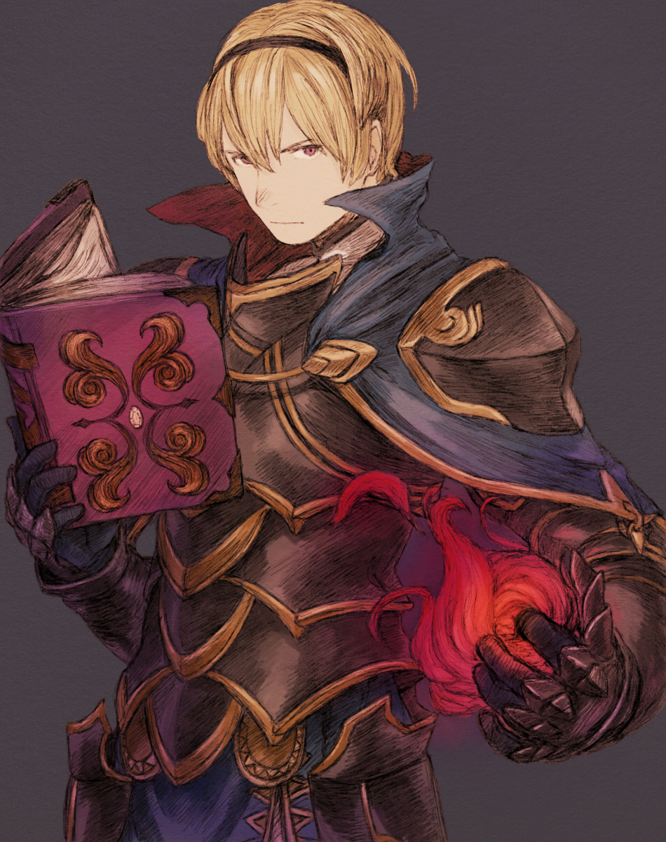 Safebooru - 1boy armor black background blonde hair book cape fire fire ...