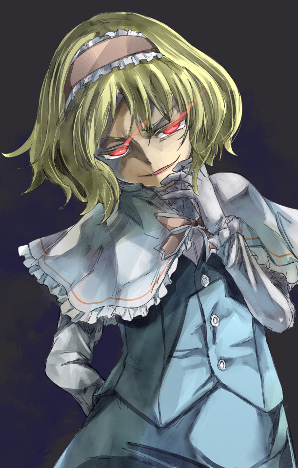 Safebooru - 1girl alice margatroid blonde hair capelet gloves glowing glowing eyes hairband ...
