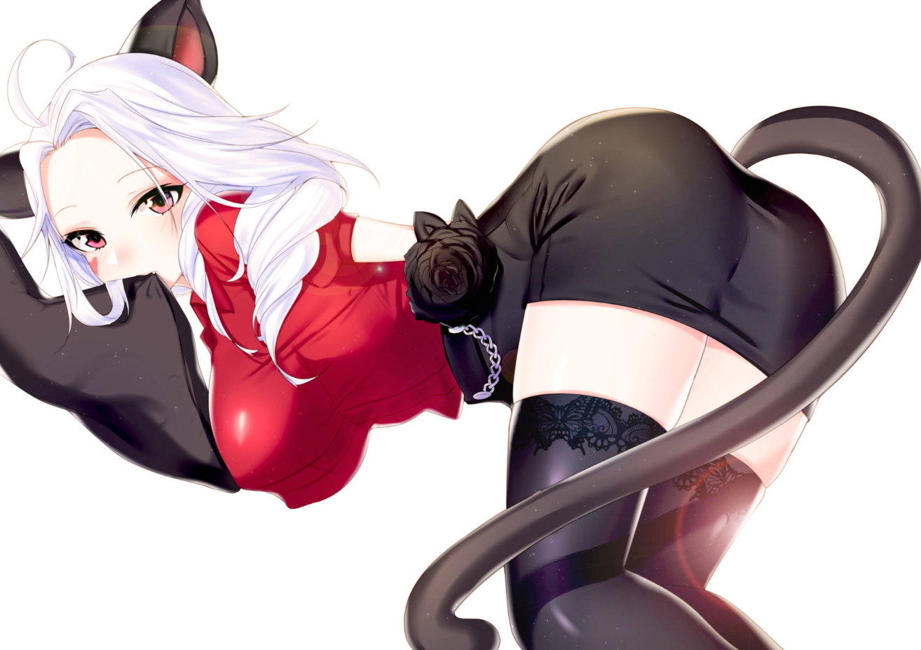Safebooru - 1girl ahoge albino animal ears ass bangs bent over black flower black legwear black ...