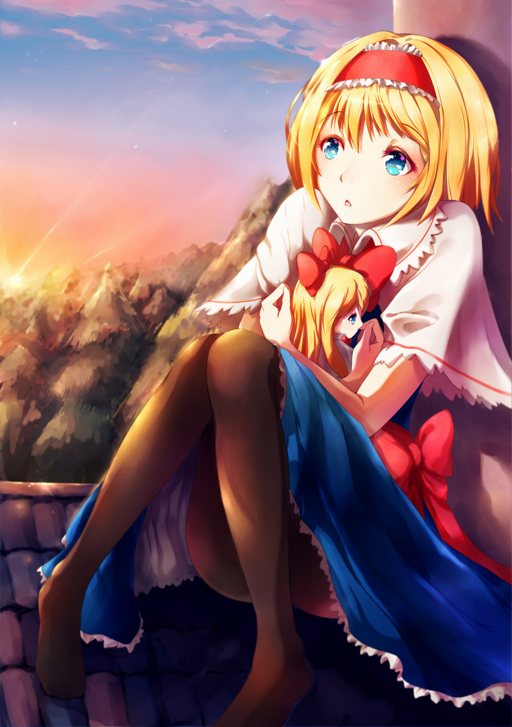 Safebooru - 2girls :o against wall alice margatroid blonde hair blue dress blue sky blush bow ...
