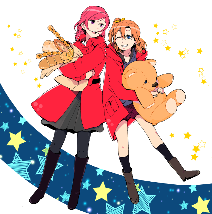 Safebooru - 2girls bag blue eyes boots bread coat food kitamura touru knee boots kousaka honoka ...