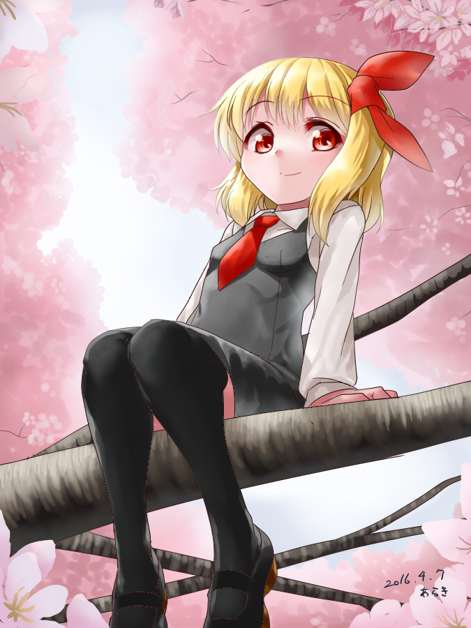Safebooru - 1girl 2016 araki (qbthgry) artist name black legwear blonde hair blush cherry ...