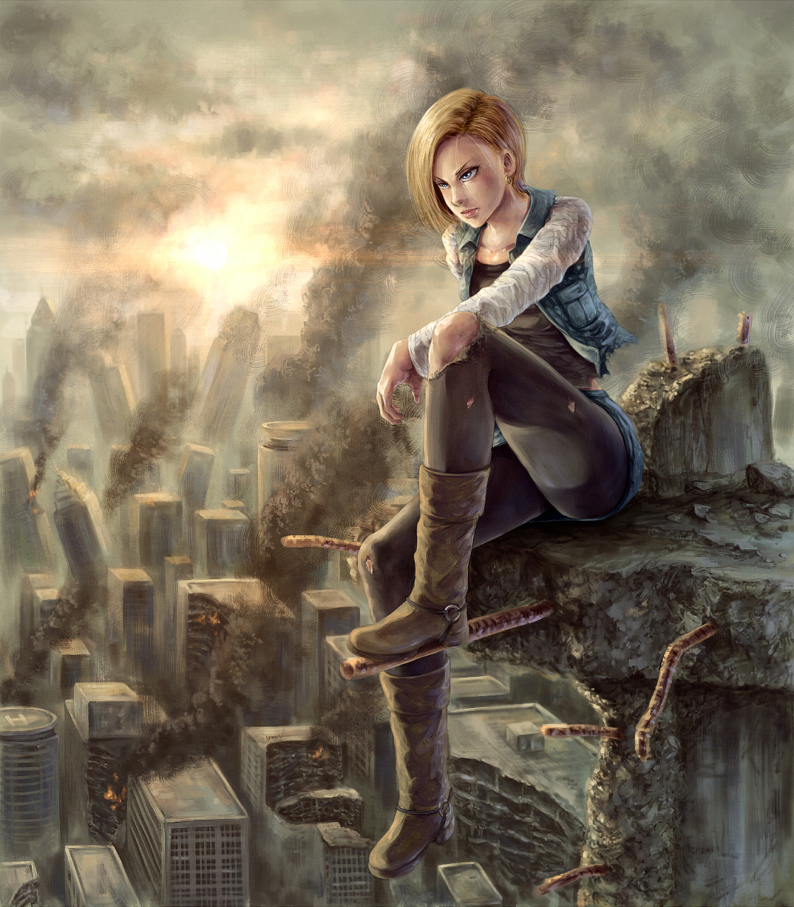 Safebooru - 1girl air tone android 18 blonde hair blue eyes boots brown ...