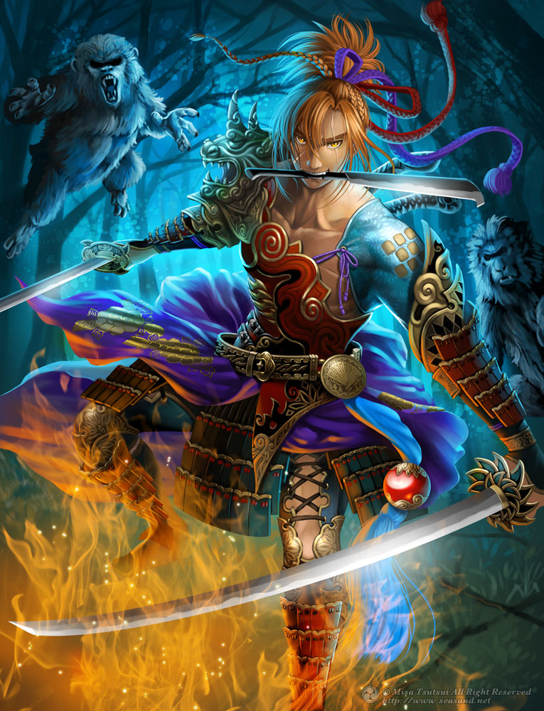 Safebooru - 1boy artist name braid dagger fire gauntlets katana misa ...