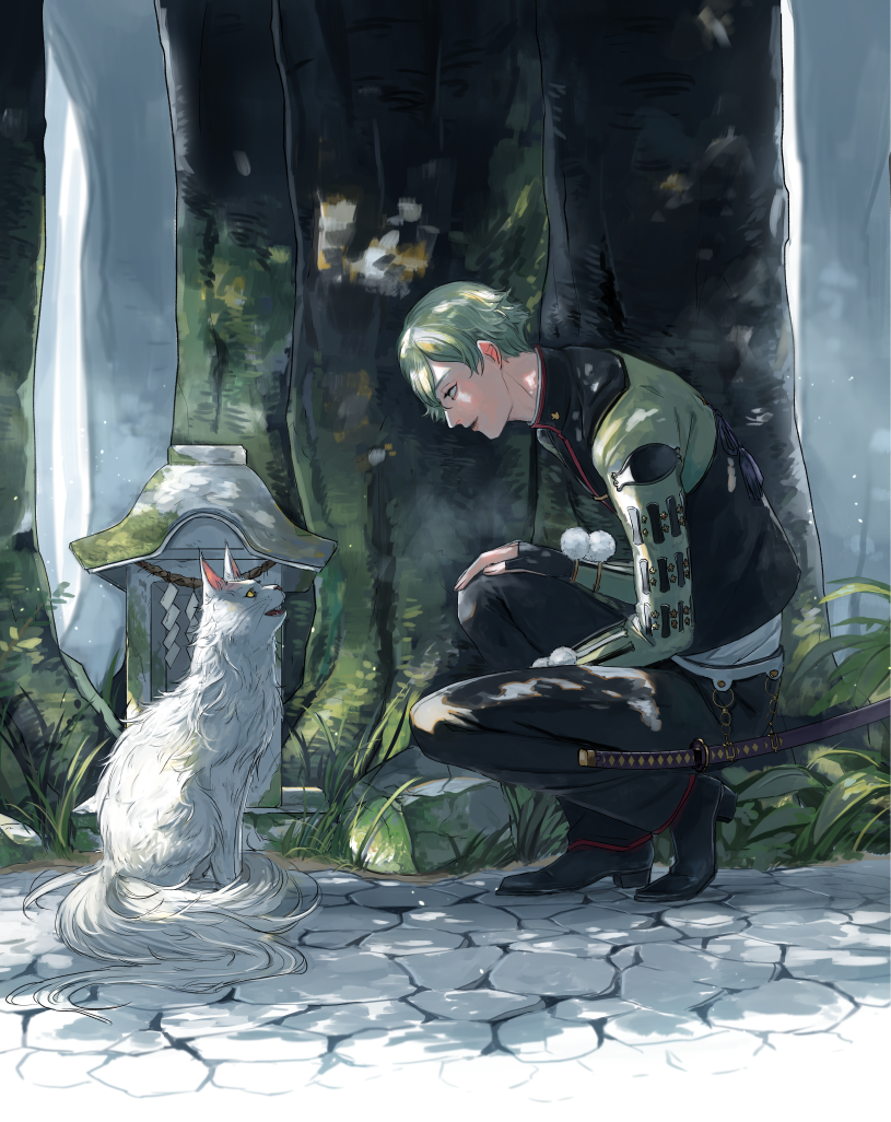 Safebooru - 1boy animal armor bangs black pants black shoes cat chain dappled sunlight from side ...