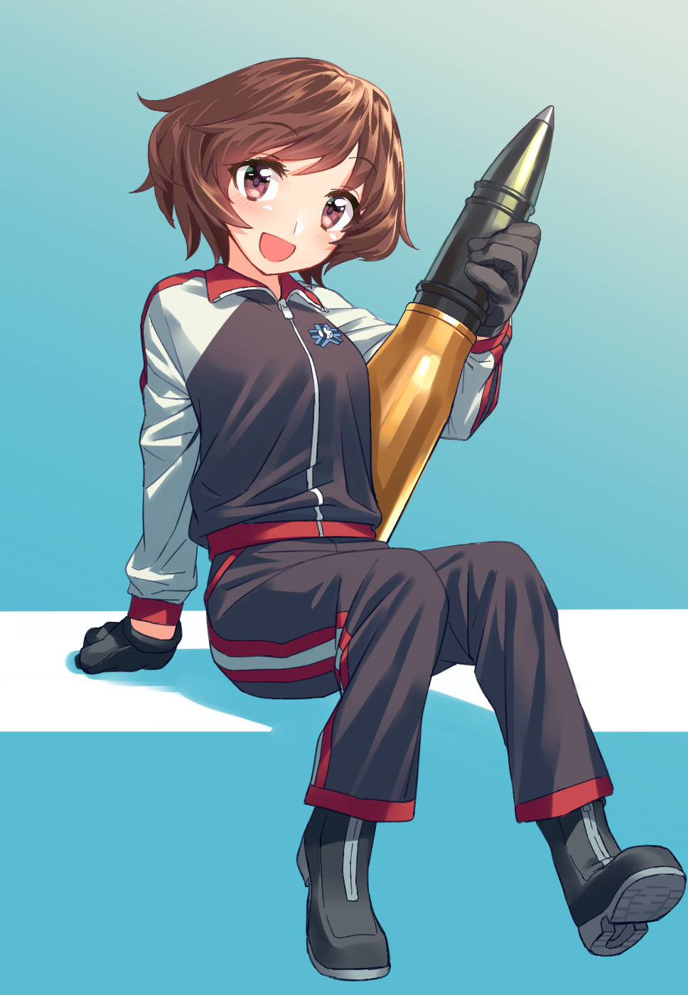 Safebooru - 1girl akiyama yukari arm support bangs black boots black gloves blew andwhite blush ...