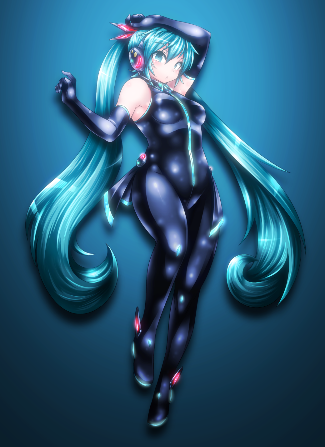 Safebooru - 1girl aqua eyes aqua hair arm up bare shoulders black gloves bodysuit breasts elbow ...