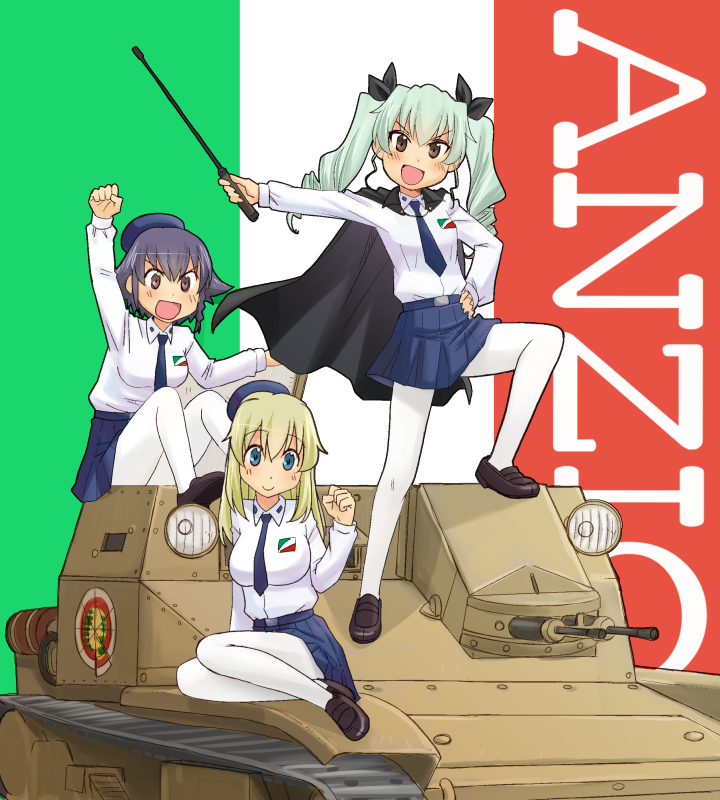 Safebooru - 3girls anchovy black hair blonde hair blue eyes brown eyes cape carpaccio drill hair ...