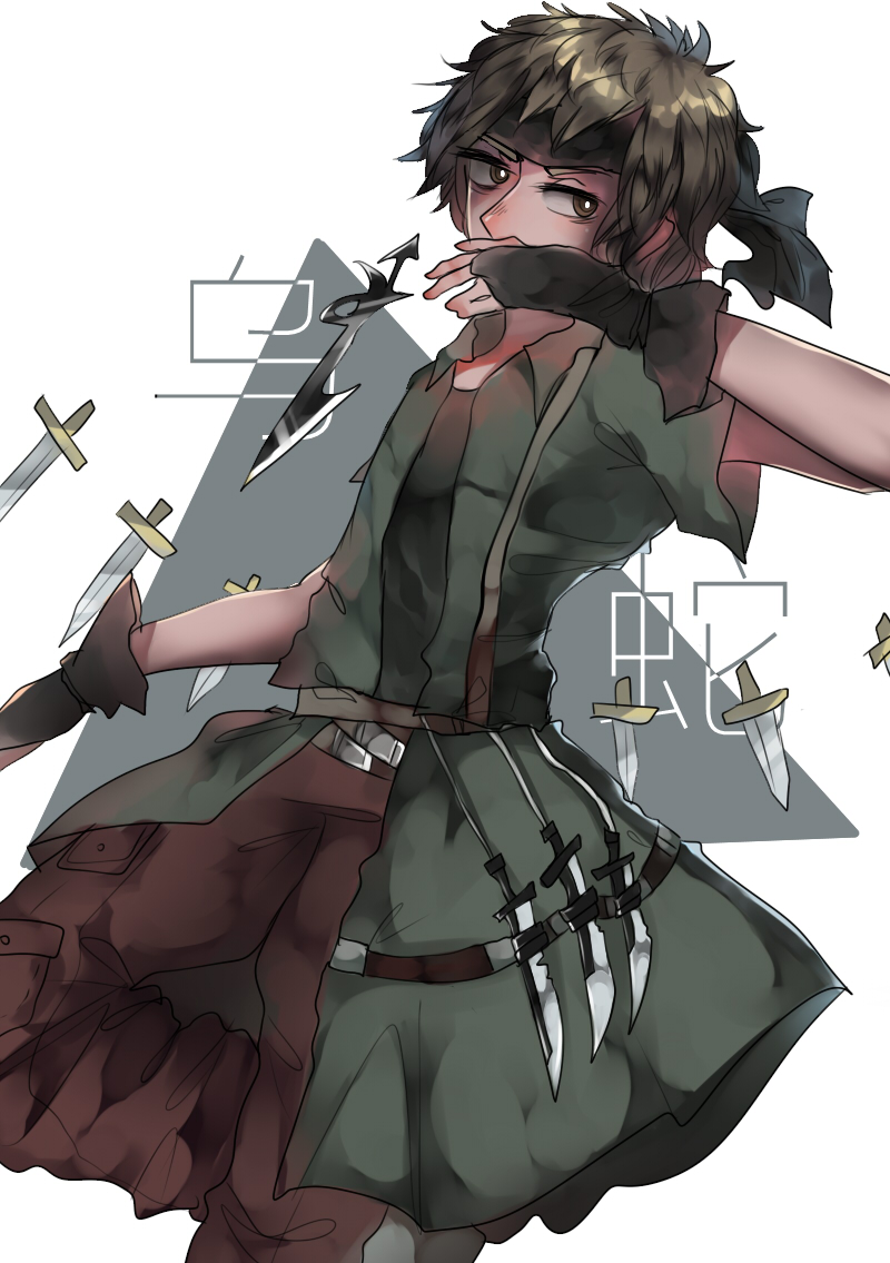 Safebooru - androgynous brown hair coat hair over one eye headband ...