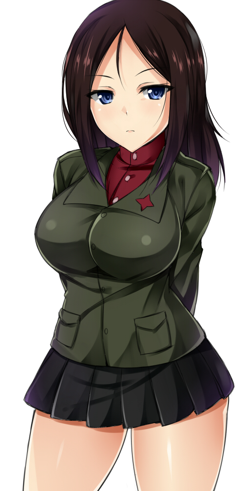 Safebooru 1girl Arms Behind Back Blue Eyes Brown Hair Cowboy Shot 5240