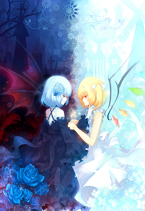 Safebooru - alternate costume angel angel and devil bare shoulders bat wings blonde hair blue ...