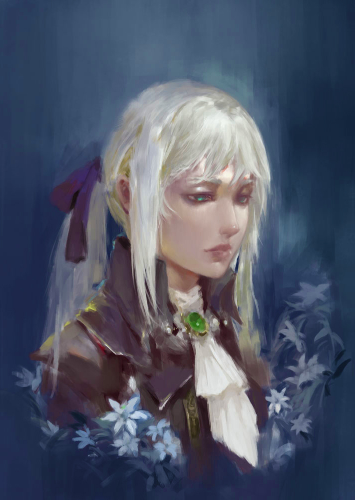 Safebooru - 1girl ascot bangs blonde hair bloodborne blue ribbon brooch closed mouth emerals ...