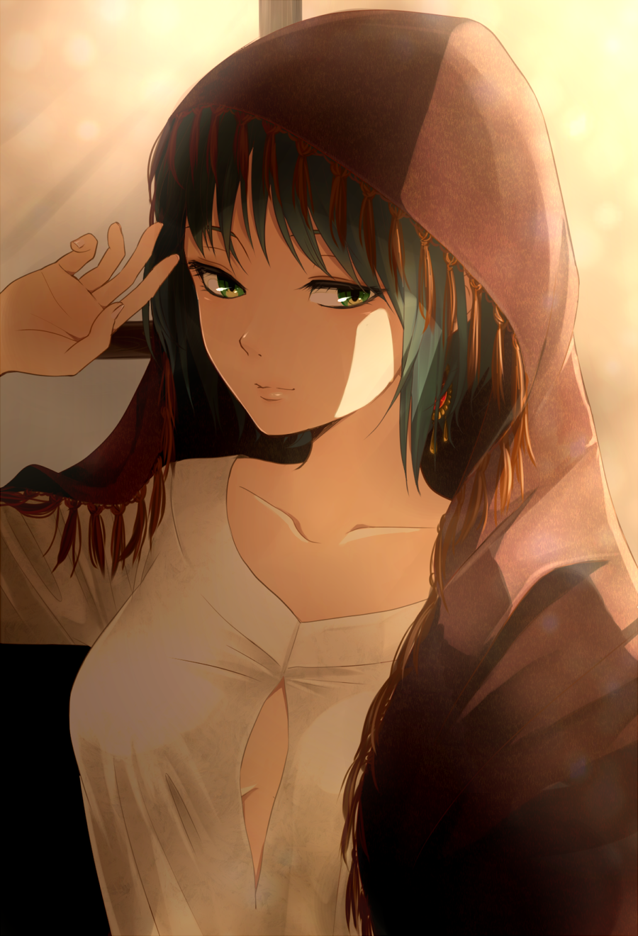 Safebooru 1girl Aqua Hair Breasts Earrings Expressionless Green Eyes 6917