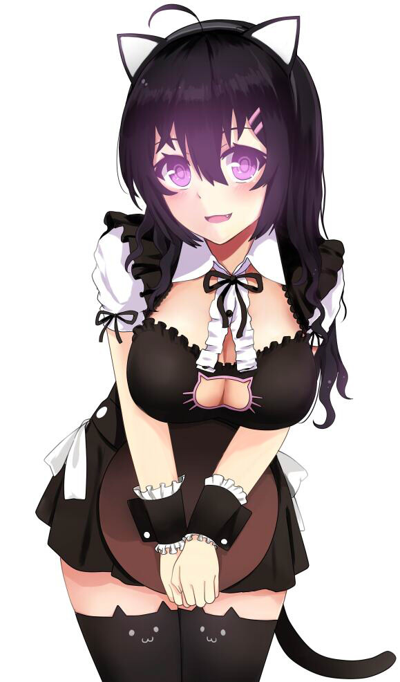 Safebooru - 1girl :3 ahoge animal ears beifeng han black hair black legwear blush breasts cat ...