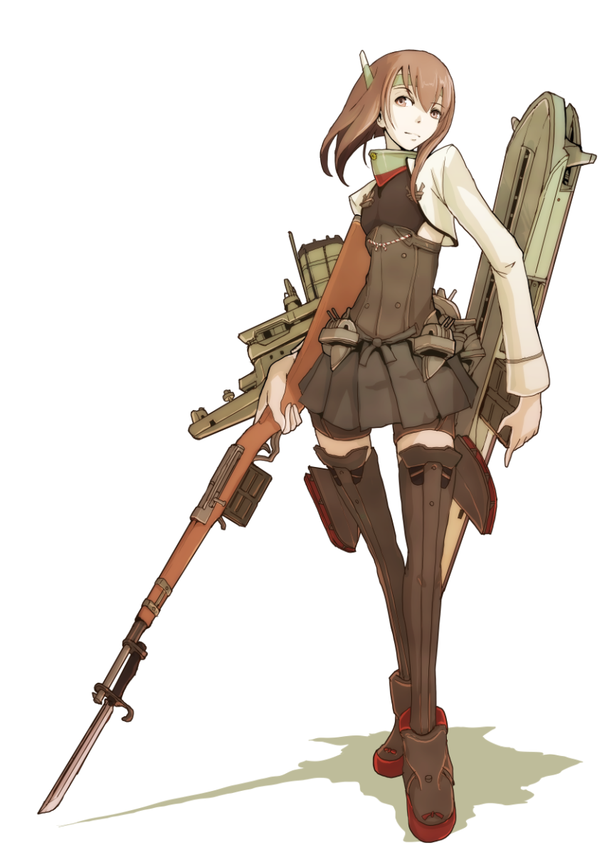 Safebooru - 1girl bayonet bike shorts boushi-ya brown eyes brown hair flat chest flight deck gun ...