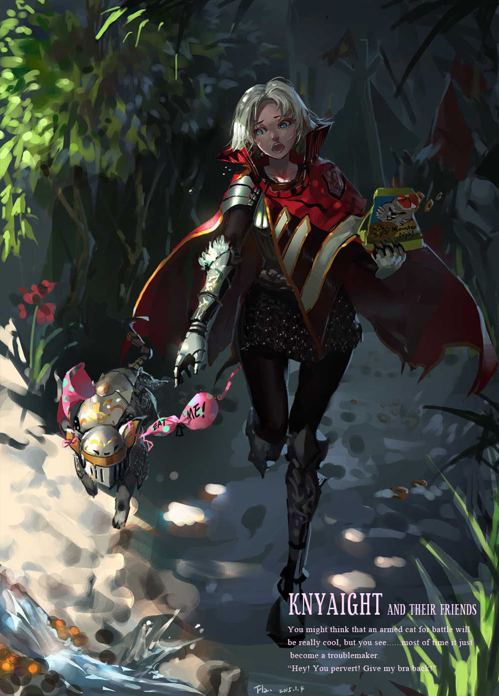 Safebooru - 1girl animal aqua eyes armor armored boots blonde hair boots bra cape cat english ...