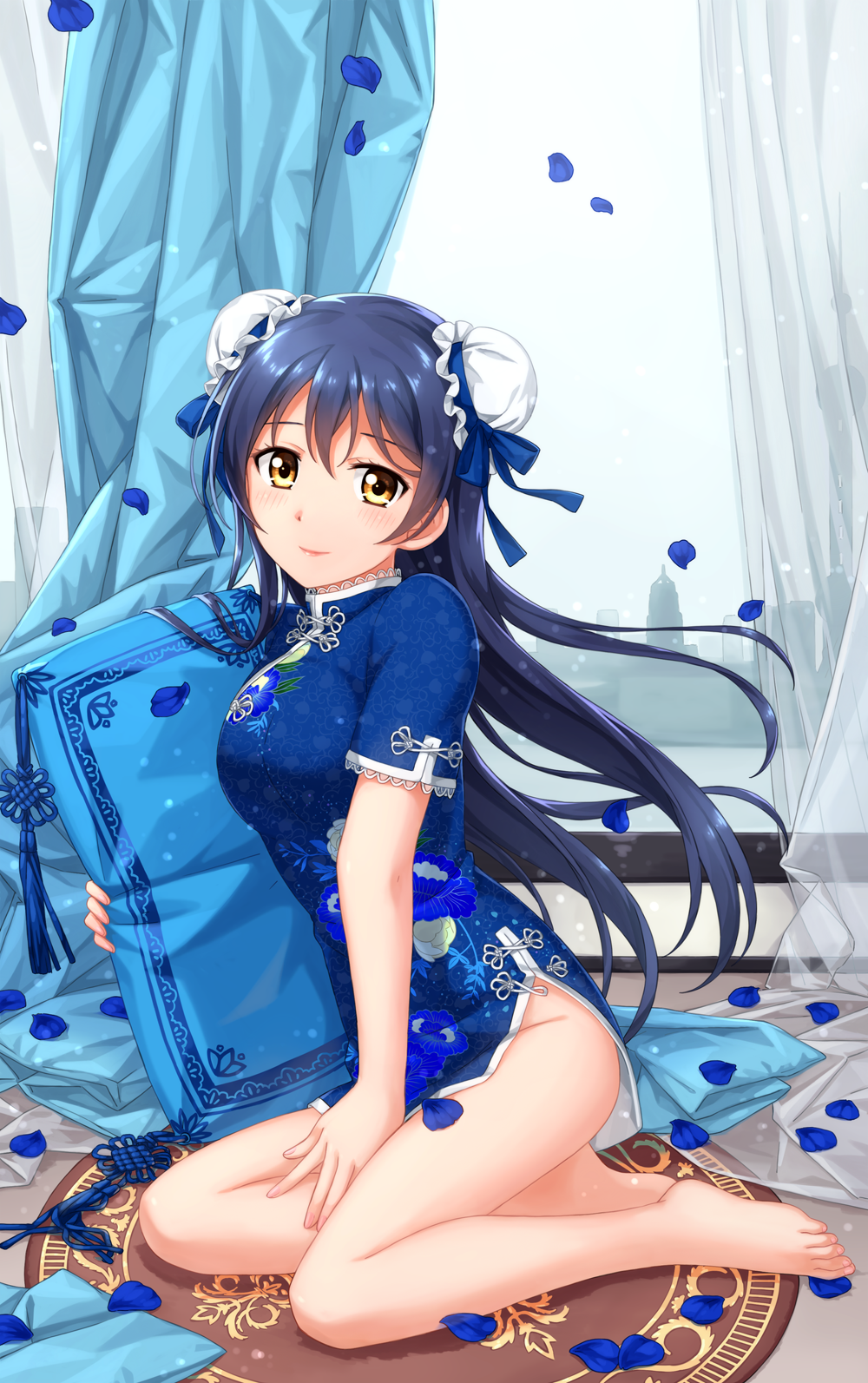 Safebooru 1girl Bare Legs Barefoot Black Hair Blue Bun Cover China 1021