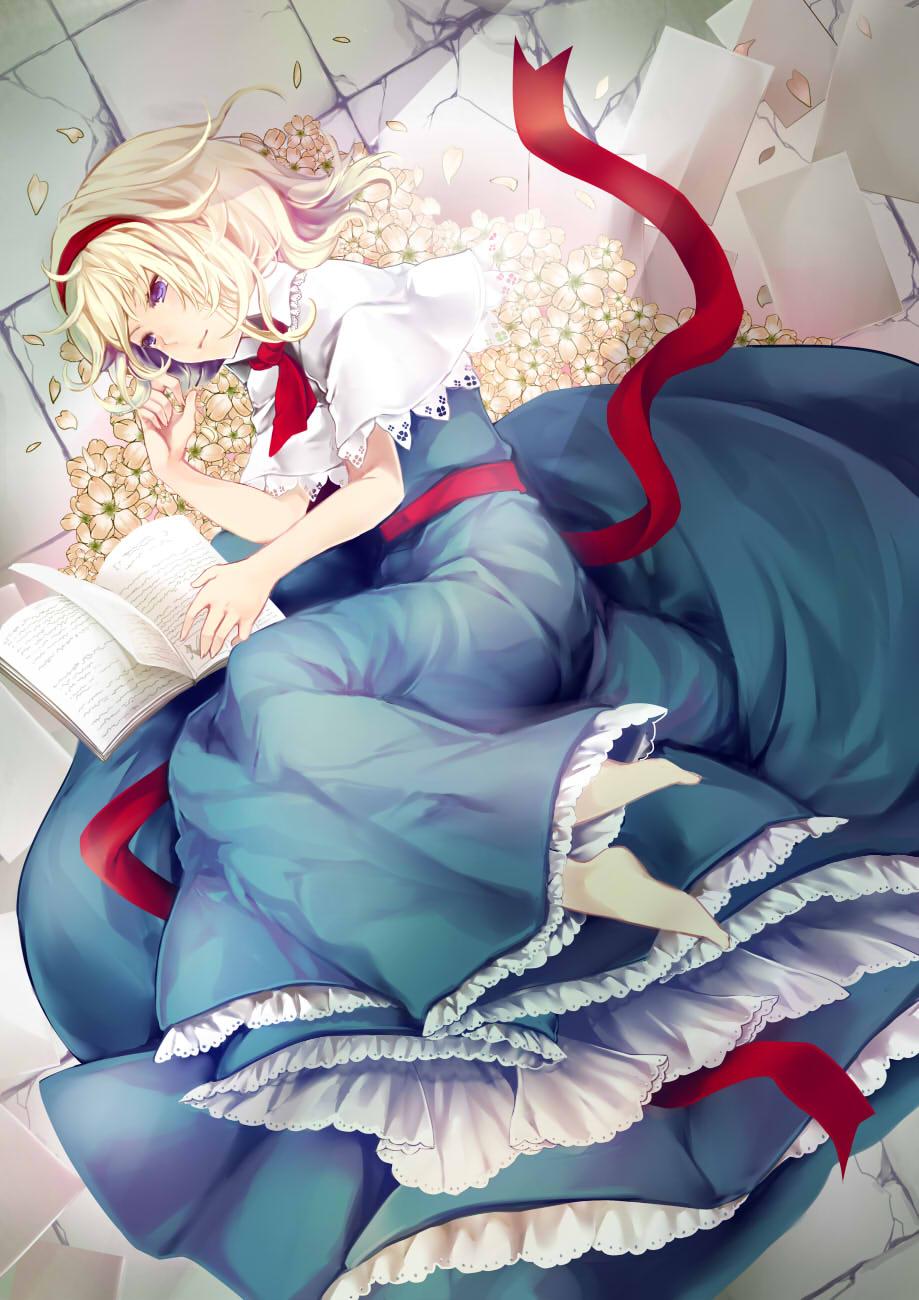 Safebooru - 1girl alice margatroid blonde hair blue eyes book capelet dress feet flower hairband ...