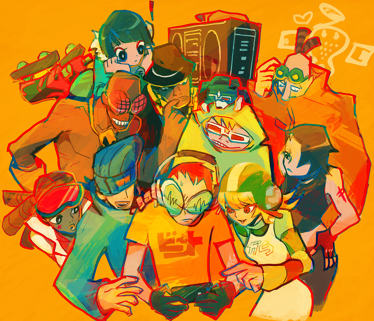 Safebooru - 3d glasses 4girls 6+boys beanie beat (jsr) bis (jsr) black ...